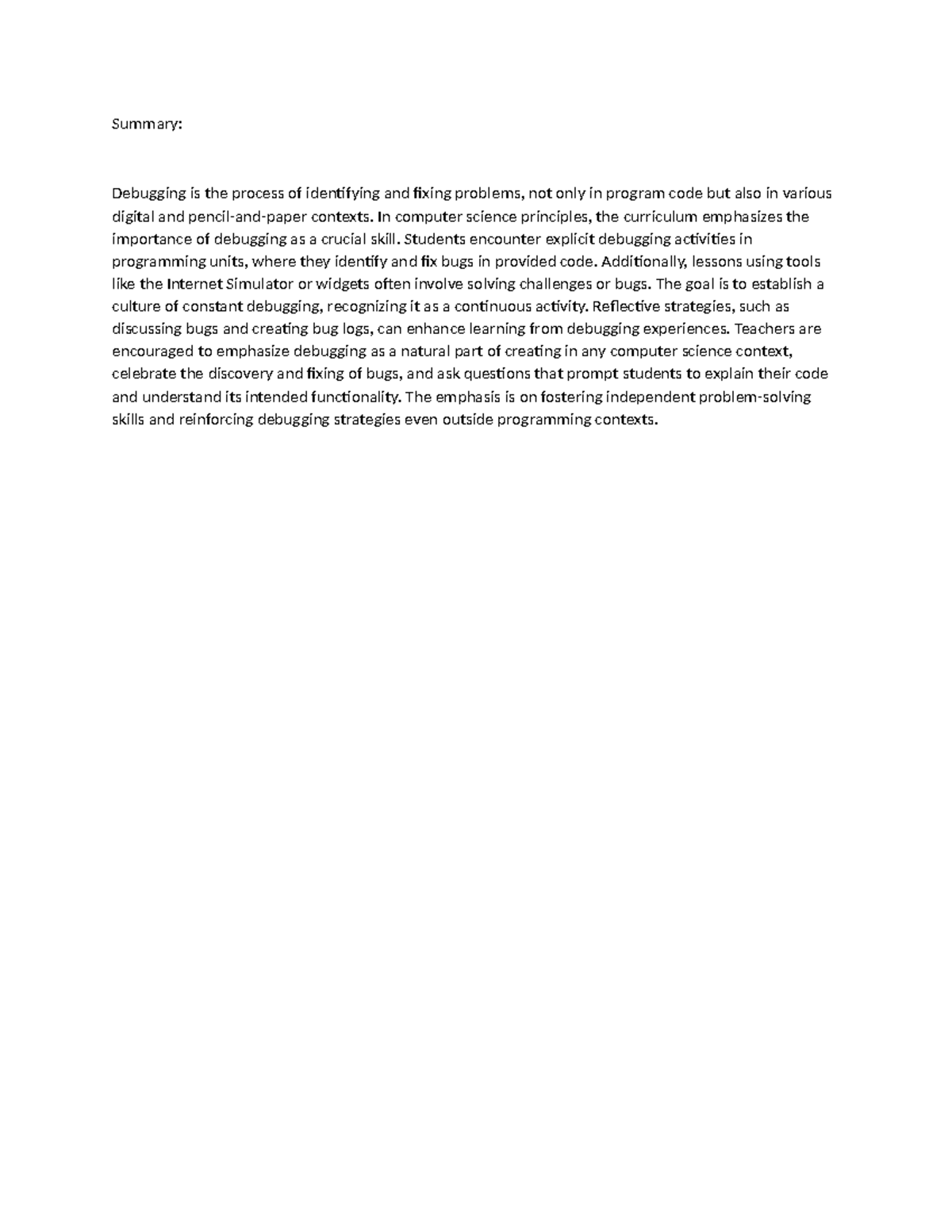 Debugging READ - ................ - Summary: Debugging is the process ...