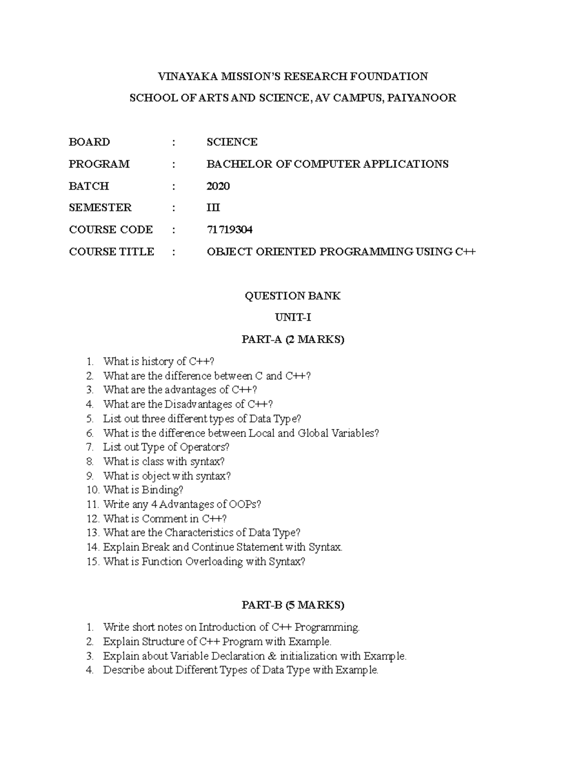 OOPS Using C++ QB - Question Bank of oops - VINAYAKA MISSION’S RESEARCH FOUNDATION SCHOOL OF ...