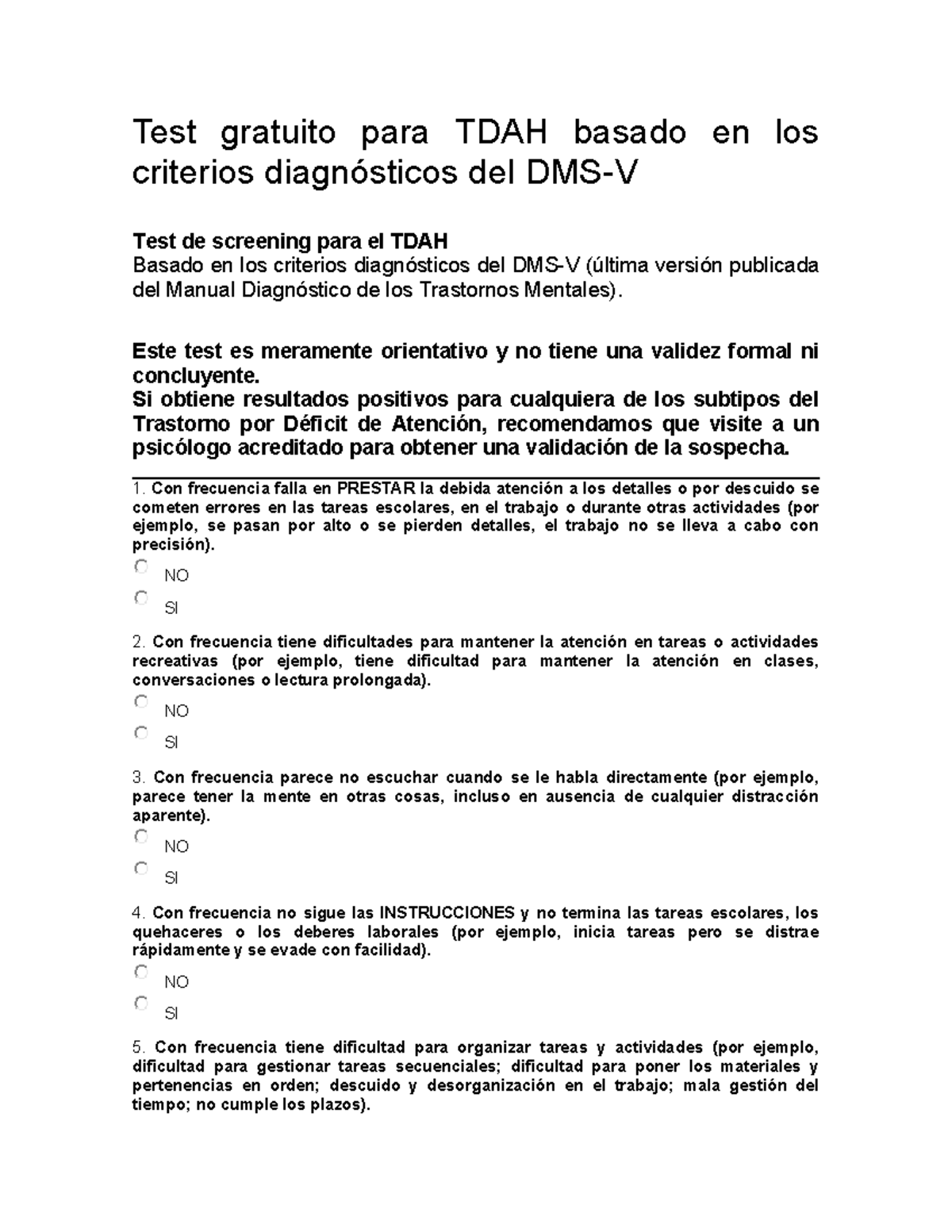 TEST TDAH - TEST TDAH - Test gratuito para TDAH basado en los criterios ...