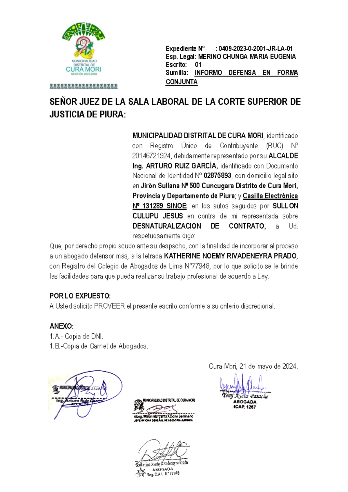 Informo Defensa Conjunta - Expediente N° : 0409 - 2023 - 0 - 2001 - JR ...