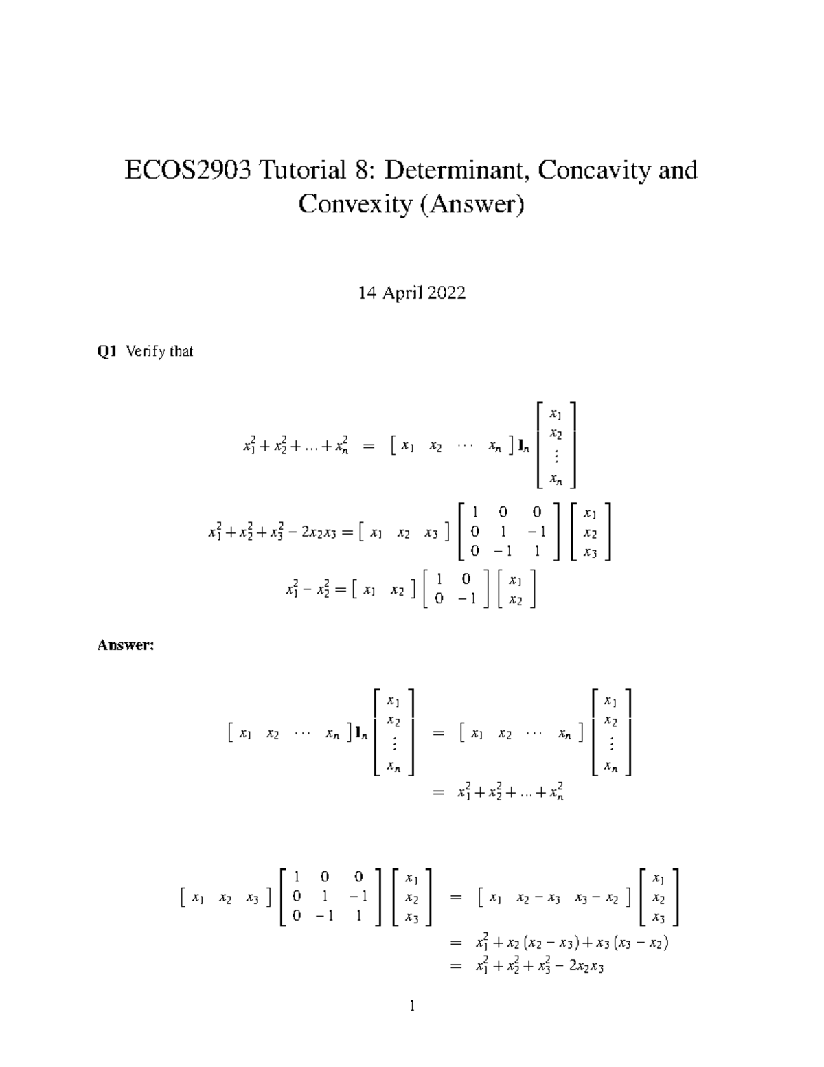 T8.Determinant Concavity Convexity.answer - ECOS2903 Tutorial 8 ...