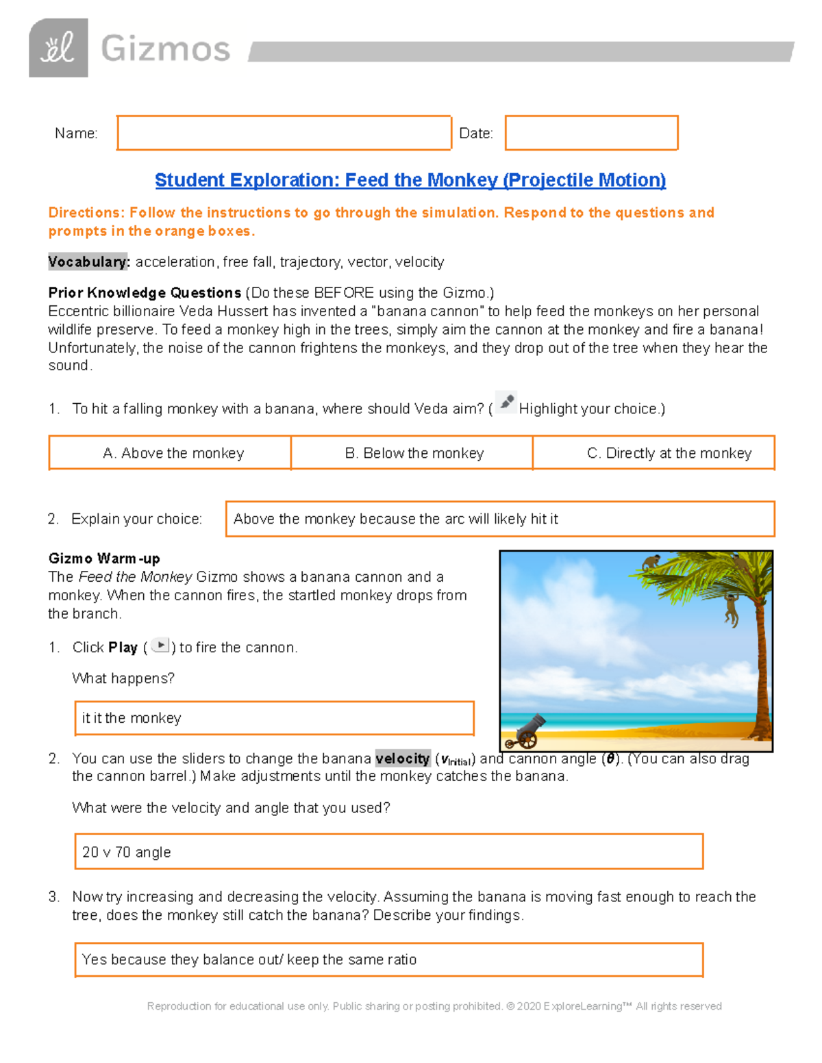 Feed the Monkey Gizmo - Name: Date: Student Exploration: Feed the Monkey (Projectile Motion ...