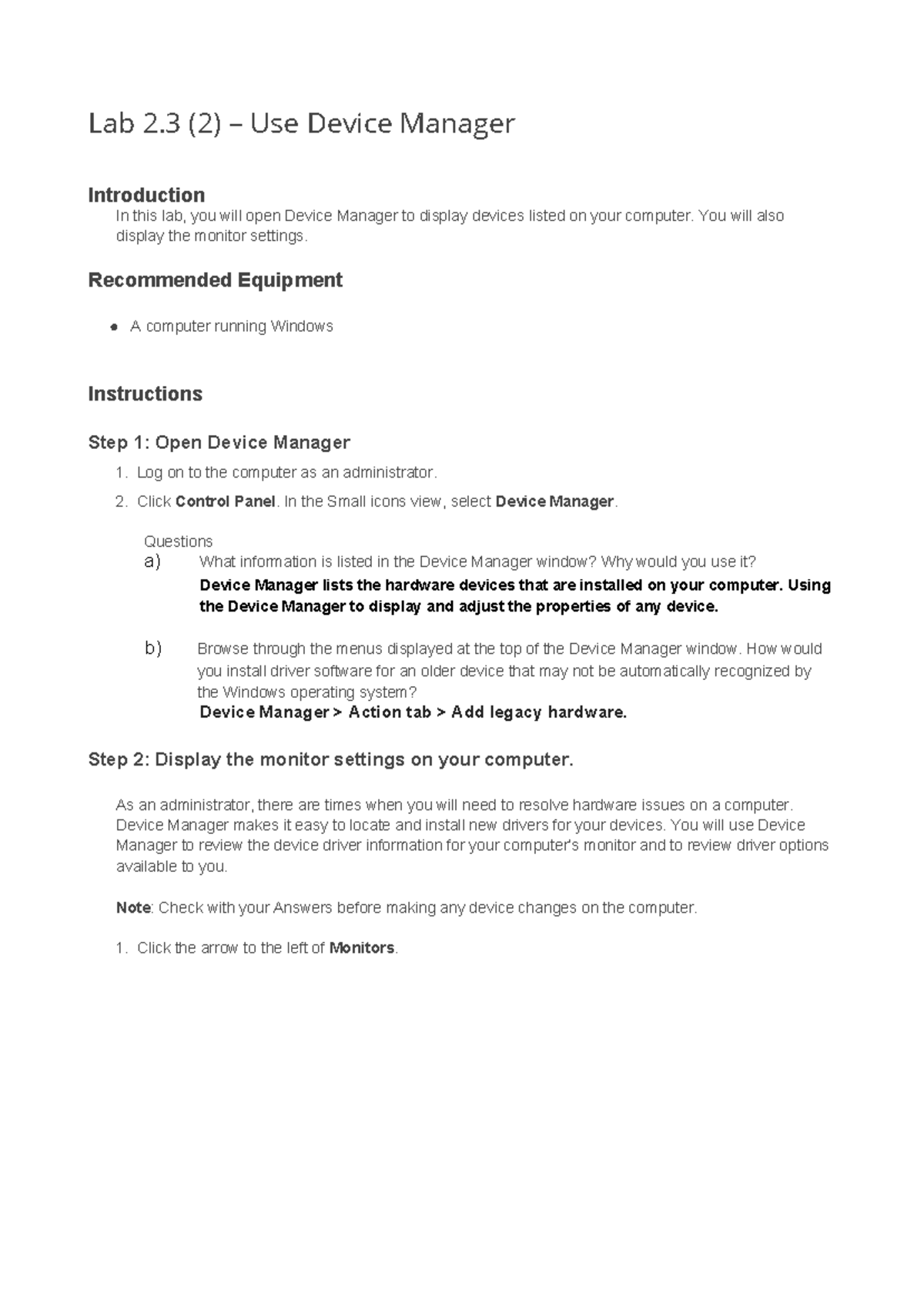 Use Device Manager - Lab 2 (2) – Use Device Manager Introduction In this lab, you will open ...
