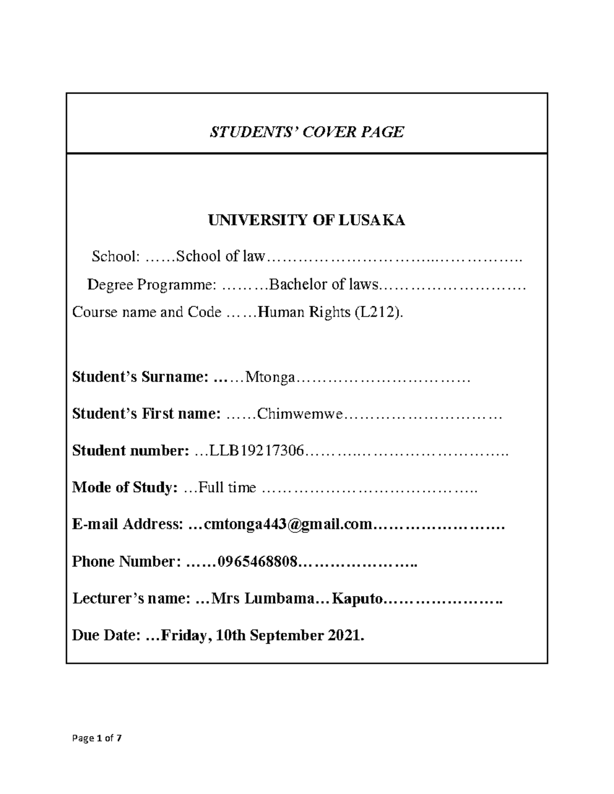 Human Rights Assigment - Copy - Copy - STUDENTS’ COVER PAGE UNIVERSITY ...