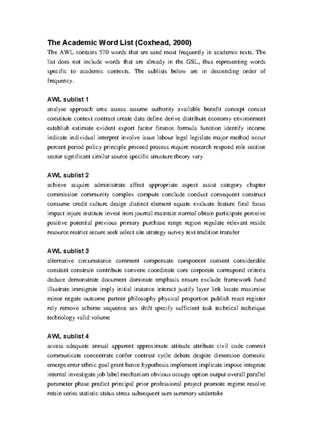 Academic Word List - word list - The Academic Word List (Coxhead, 2000 ...