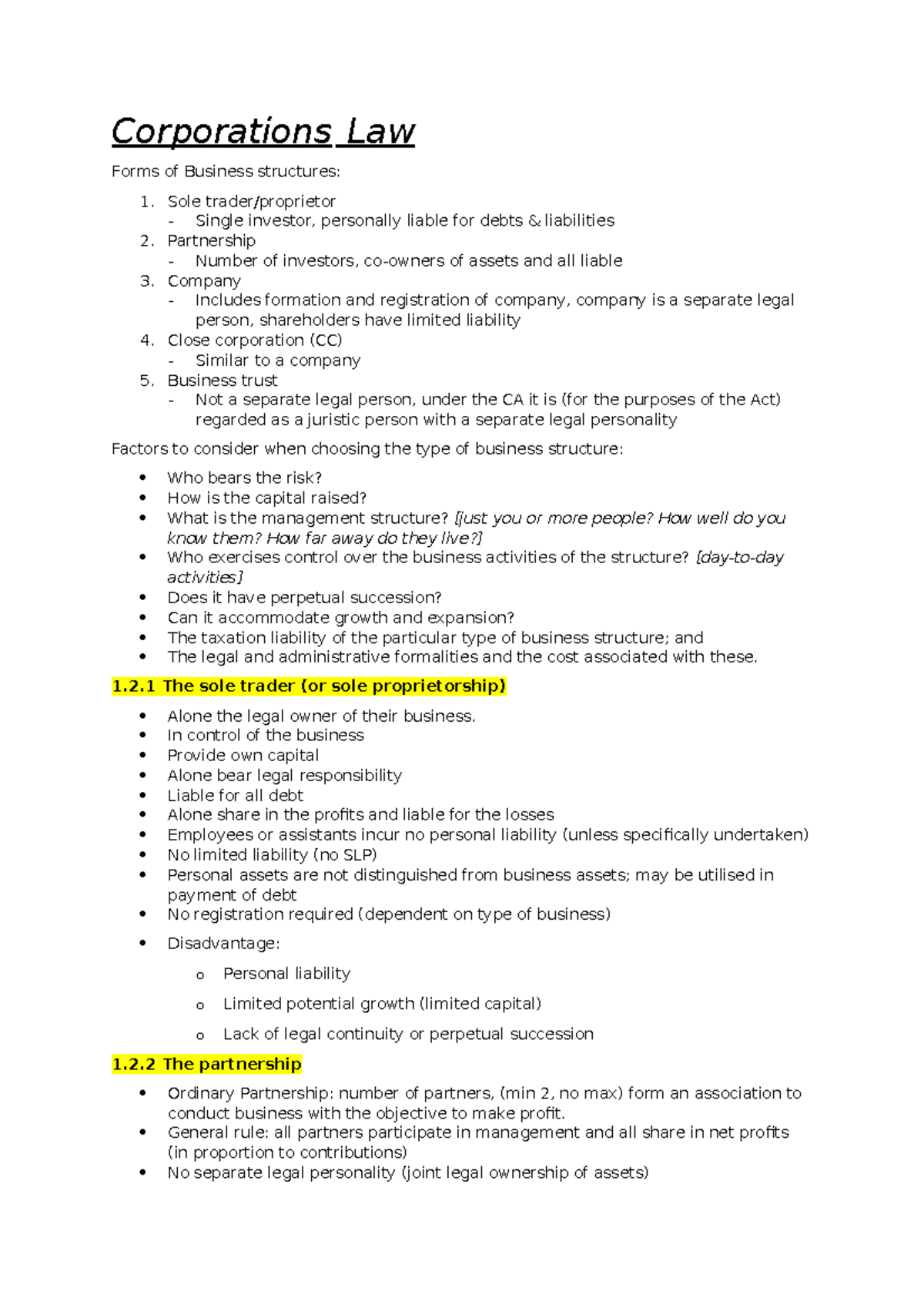 Corporation Law - Lecture notes first semester - Corporations Law Forms ...
