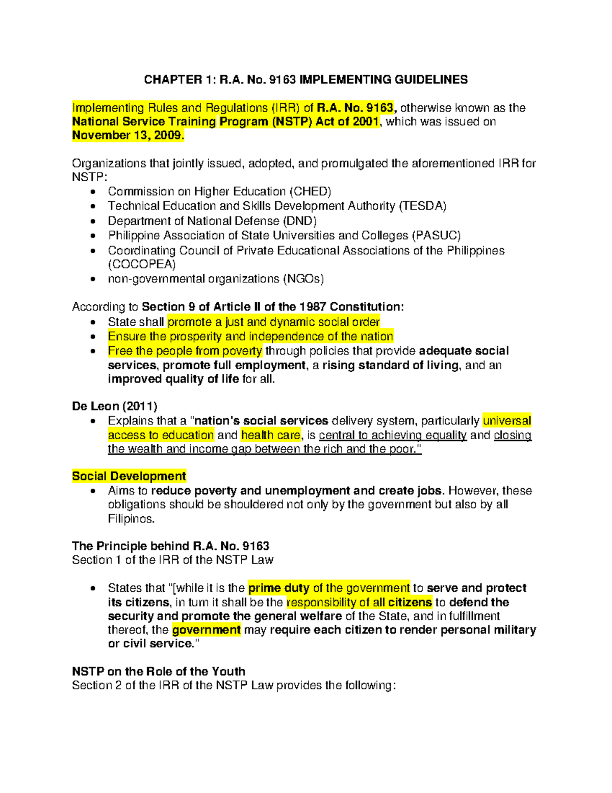 NSTP Midterm Reviewer - CHAPTER 1: R. No. 9163 IMPLEMENTING GUIDELINES ...