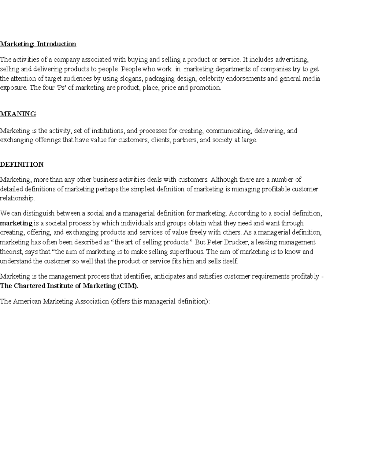 Module 1 - Notes - Marketing: Introduction The activities of a company ...