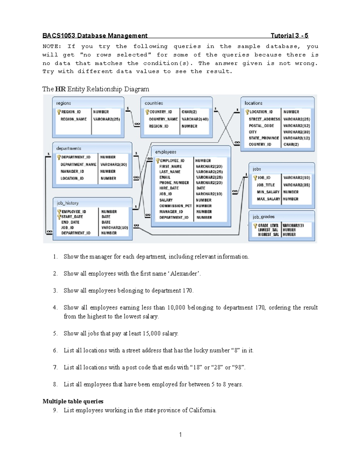 Tut 3-5 Question - BACS1053 Database Management Tutorial 3 - 5 NOTE: If ...