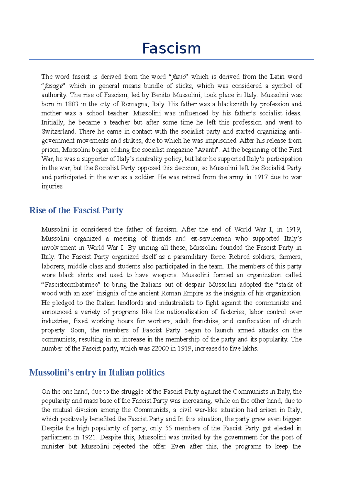 Brief Note on Fascism - The word fascist is derived from the word ...