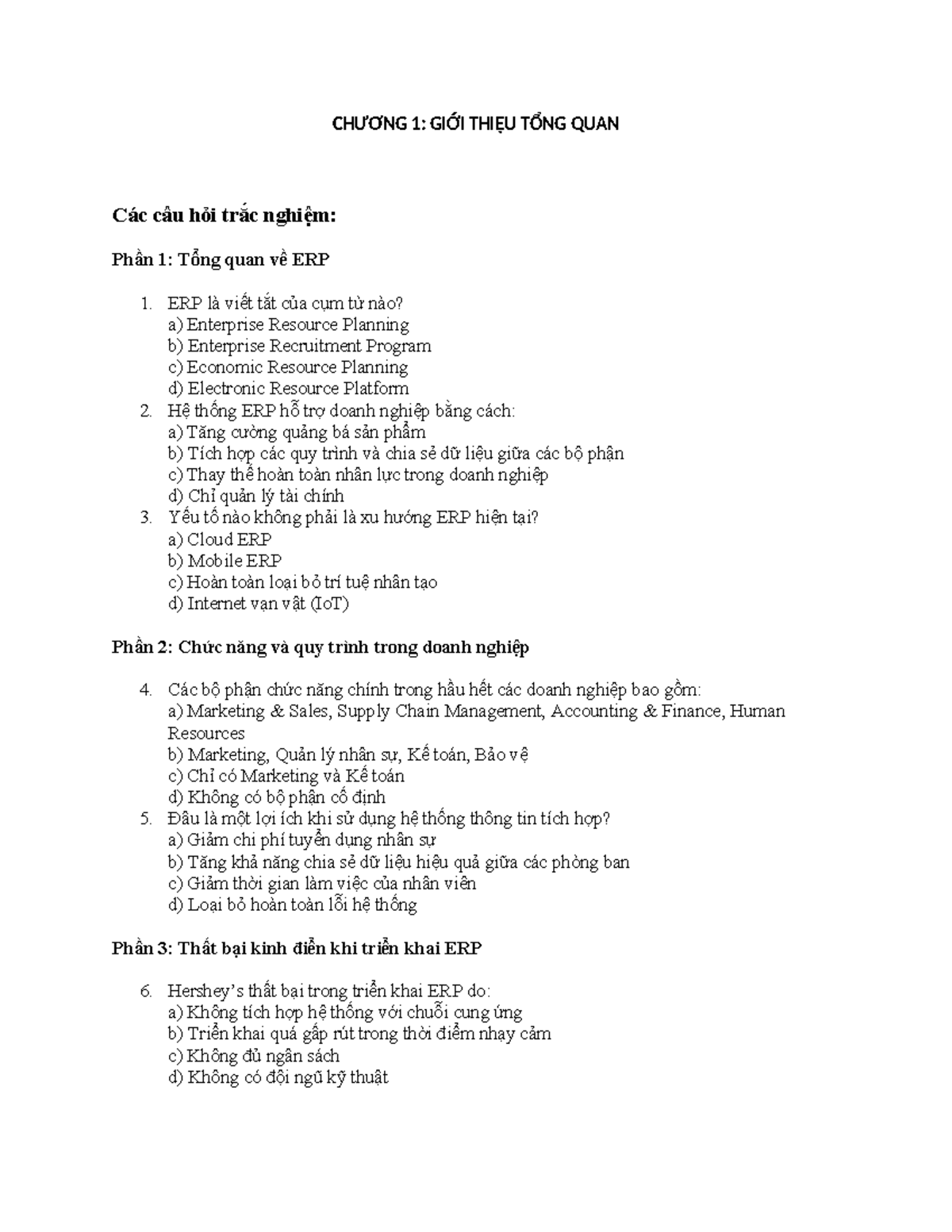 ERPP - hbjn - CHƯƠNG 1: GIỚI THIỆU TỔNG QUAN Các câu hỏi trắc nghiệm ...