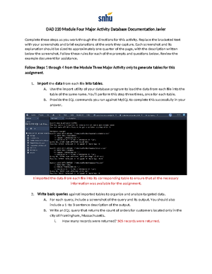 DAD 220 Module Three Major Activity Database Documentation Template - Replace the bracketed text ...