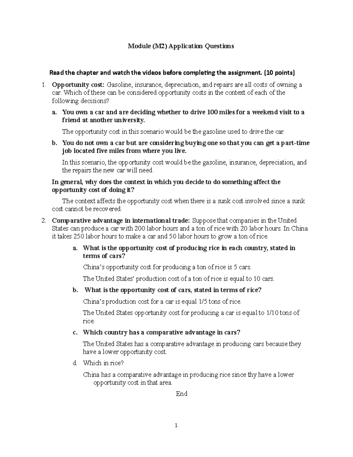 Module (M2) Application Questions - (10 points) Opportunity cost ...