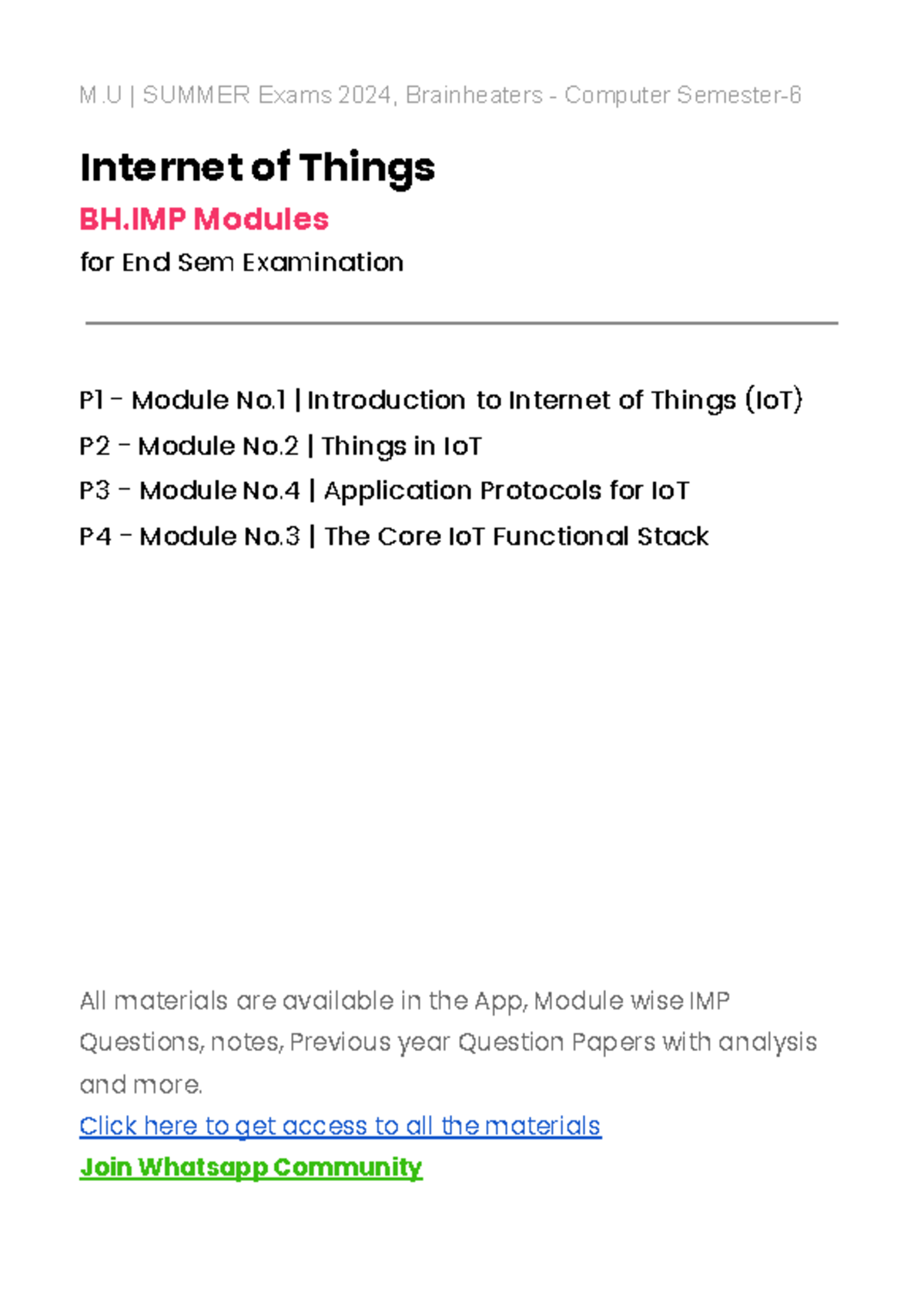 IOT Comps Sem6 Module Priority - M | SUMMER Exams 2024, Brainheaters - Computer Semester ...