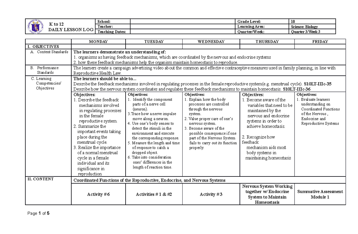 S10LT IIIc 35 36 week3 - DLL - K to 12 DAILY LESSON LOG School: Grade ...