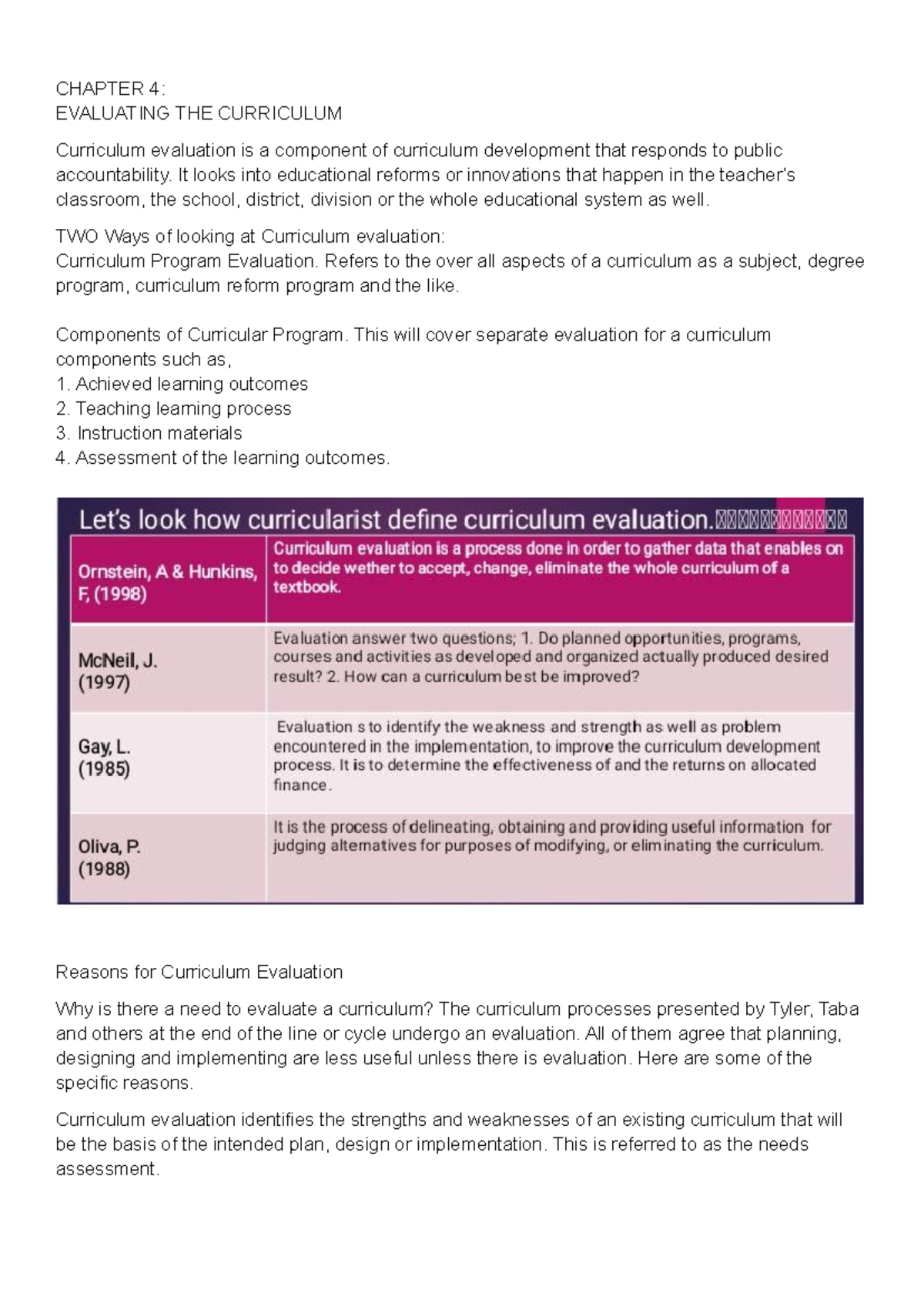 Chapter-4 - CHAPTER 4: EVALUATING THE CURRICULUM Curriculum evaluation ...
