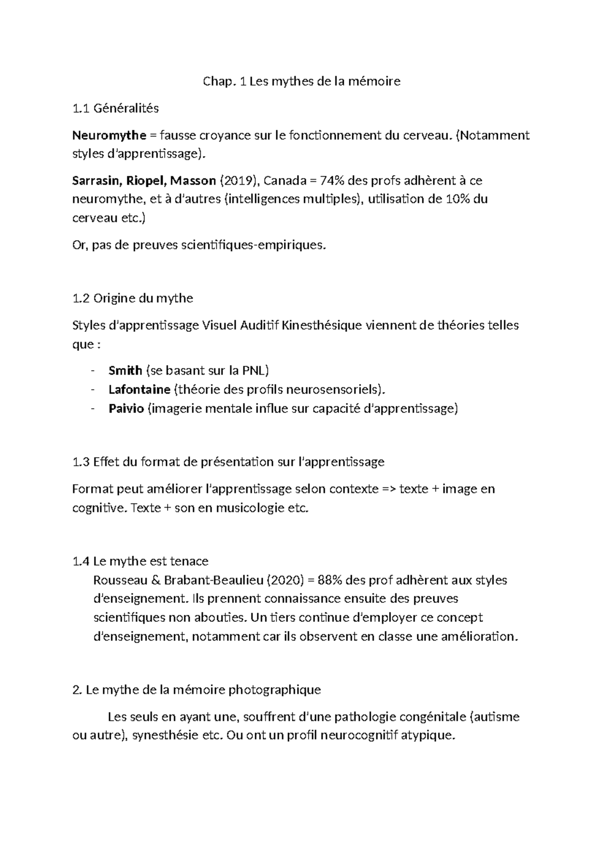 mythes de la mémoire - Chap. 1 Les mythes de la mémoire 1 Généralités ...