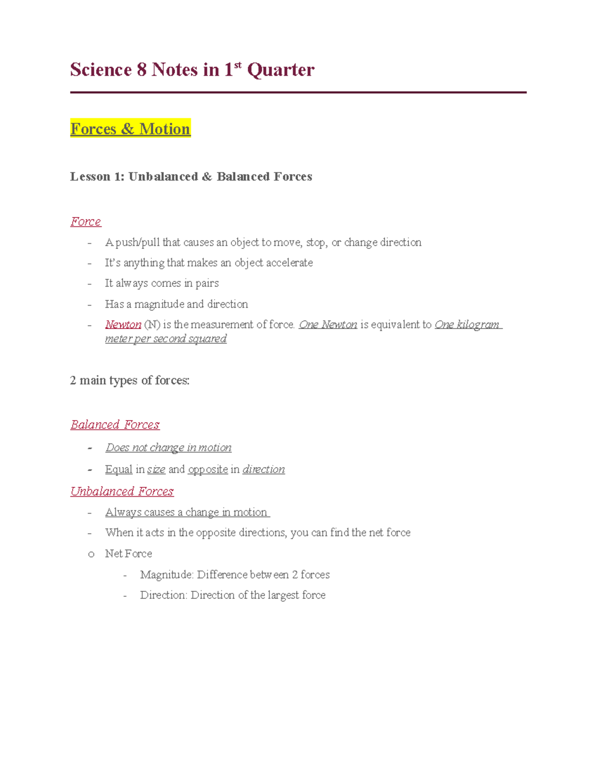 Science 8 Notes in 1st Quarter - Science 8 Notes in 1 st Quarter Forces ...