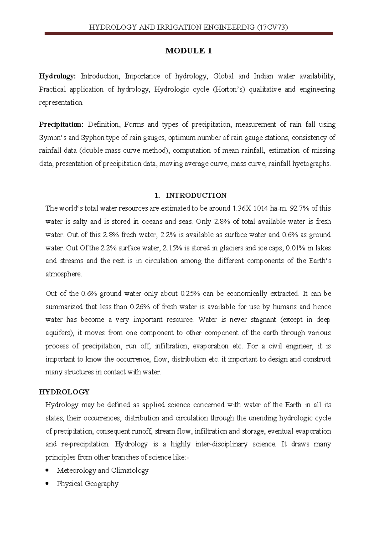 Module 1 - Hydrology - MODULE 1 Hydrology: Introduction, Importance of hydrology, Global and ...