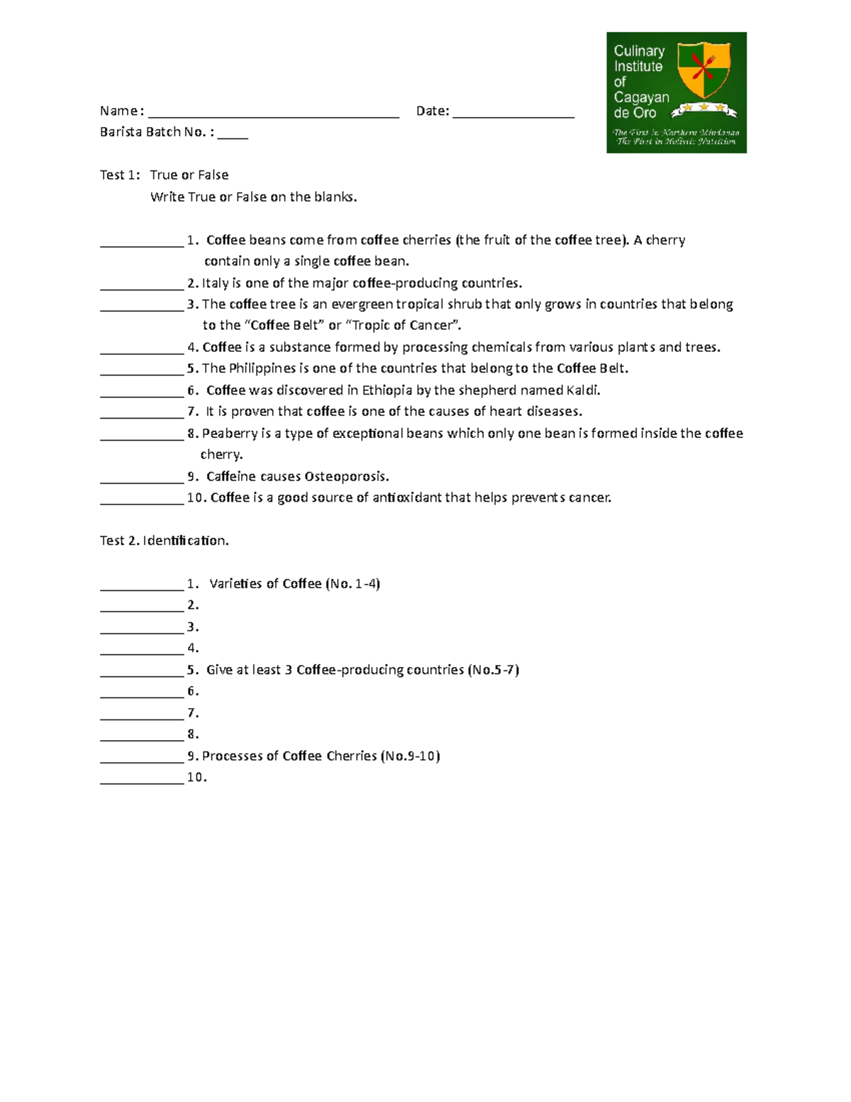 Barista Evaluation - Practical exam - Name ...