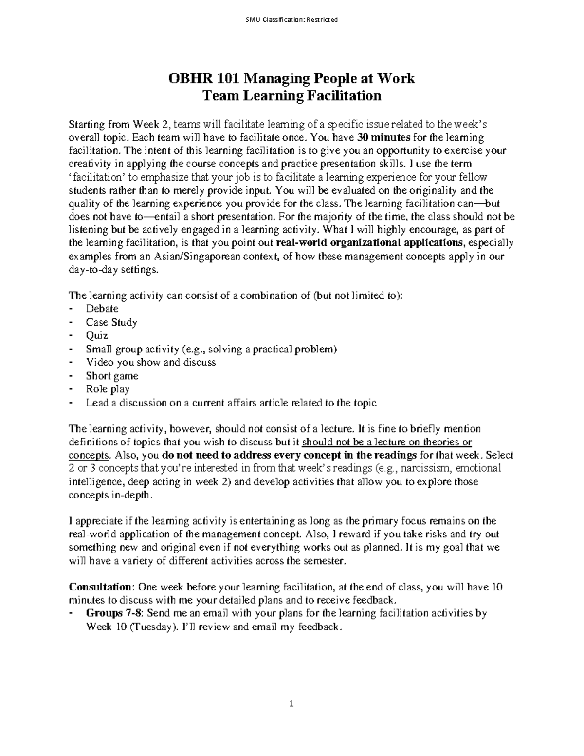 Guide Learning Facilitation - 1 SMU Classification: Restricted OBHR 101 ...