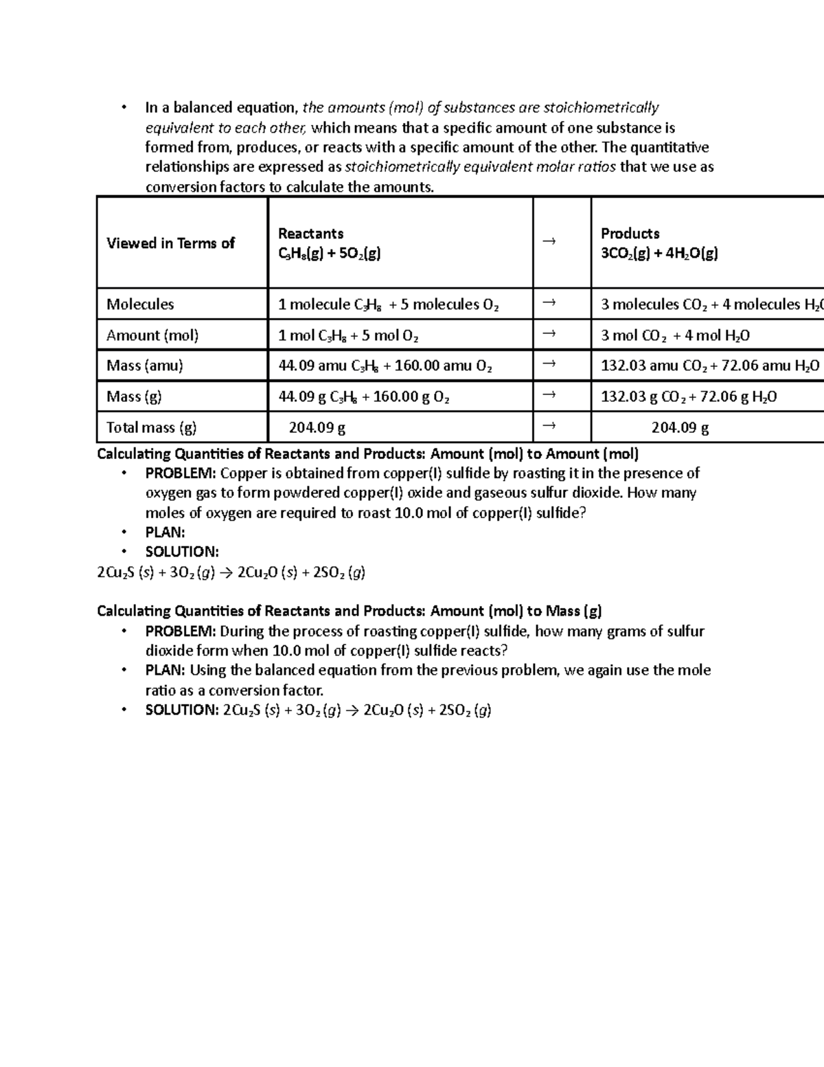 Chem 107 Notes 2022 - In a balanced equation, the amounts (mol) of ...