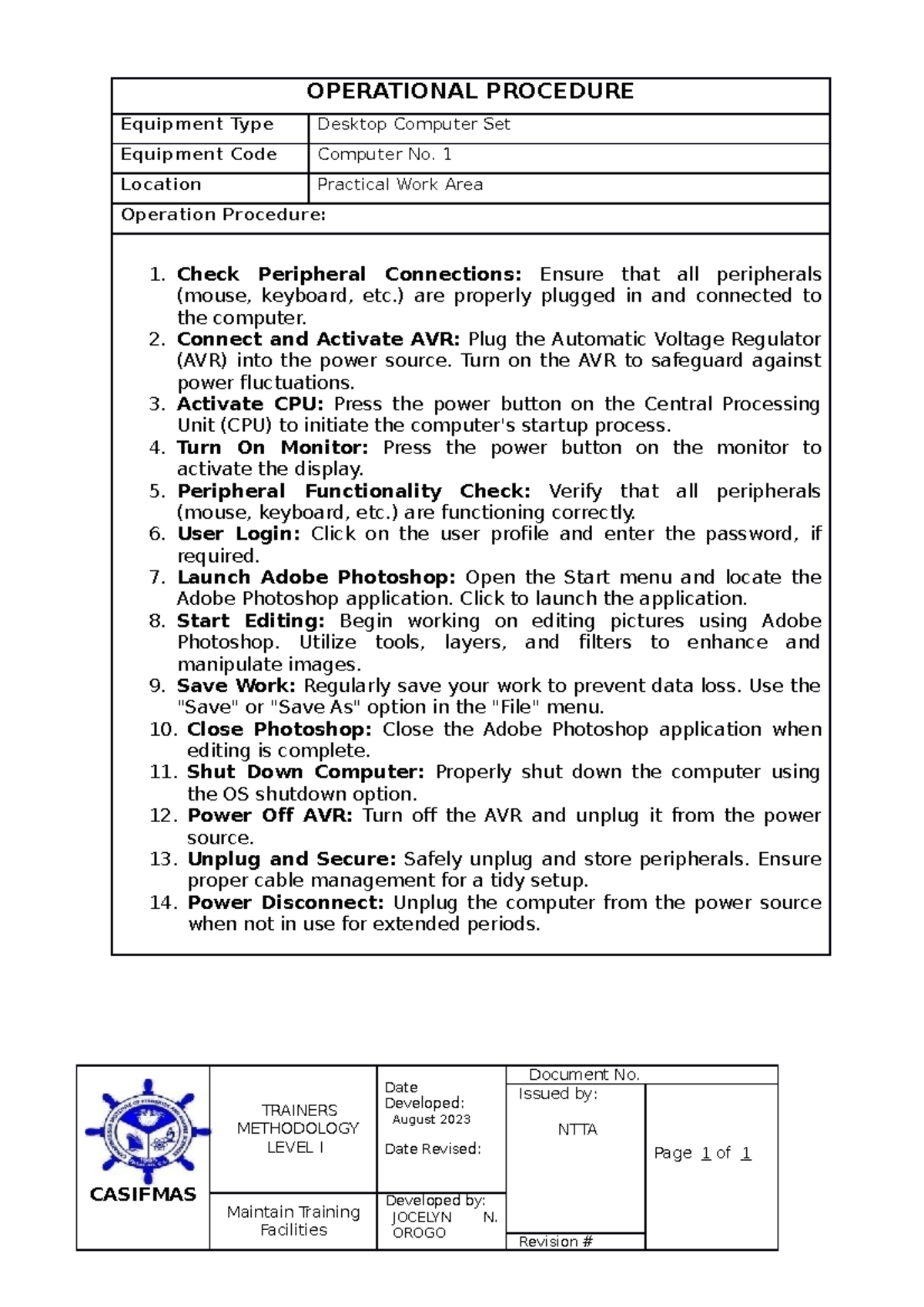 01-Operational Procedure - OPERATIONAL PROCEDURE Equipment Type Desktop ...