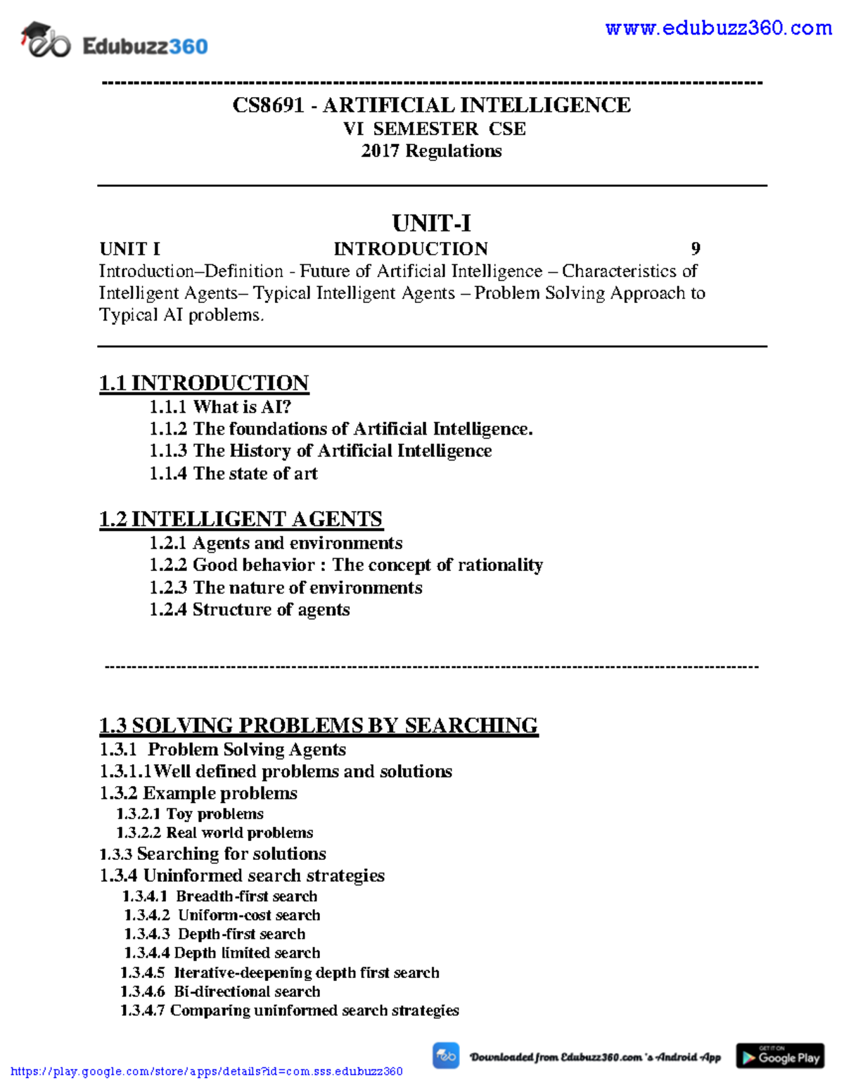 Cs8691 Ai Notes Unit1 Artificial Intelligence Notes Cs8691 Artificial Intelligence Vi 
