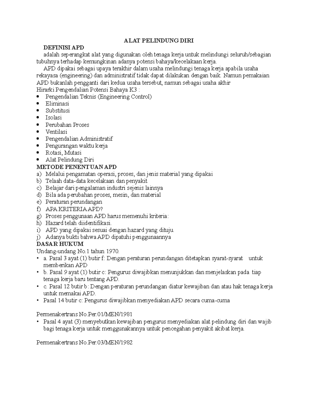 ALAT Pelindung DIRI - Resume - ALAT PELINDUNG DIRI DEFINISI APD adalah ...