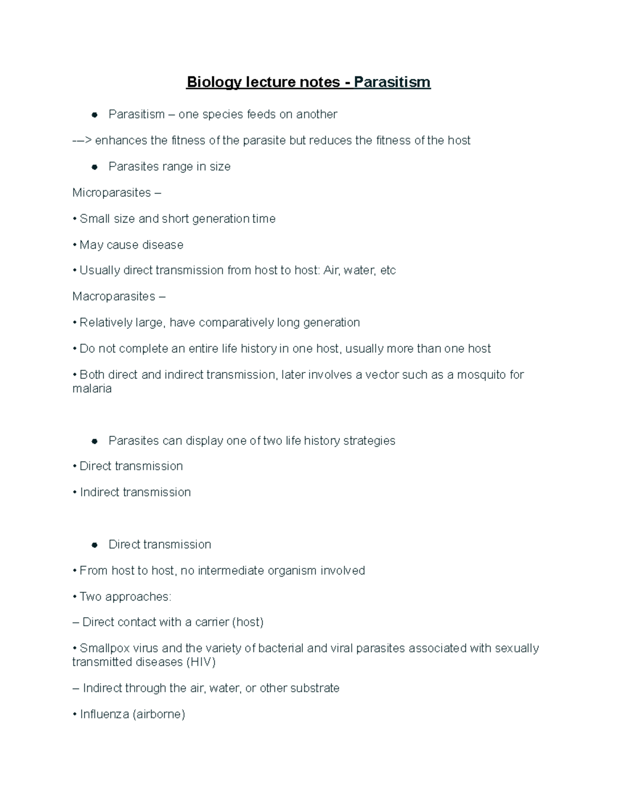 Biology lecture notes - Parasitism - Effects vary from almost none to ...