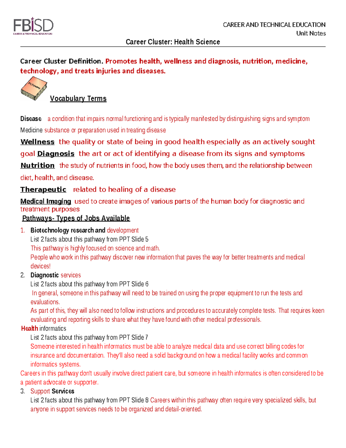 Health Science Student Notes - CAREER AND TECHNICAL EDUCATION Unit ...