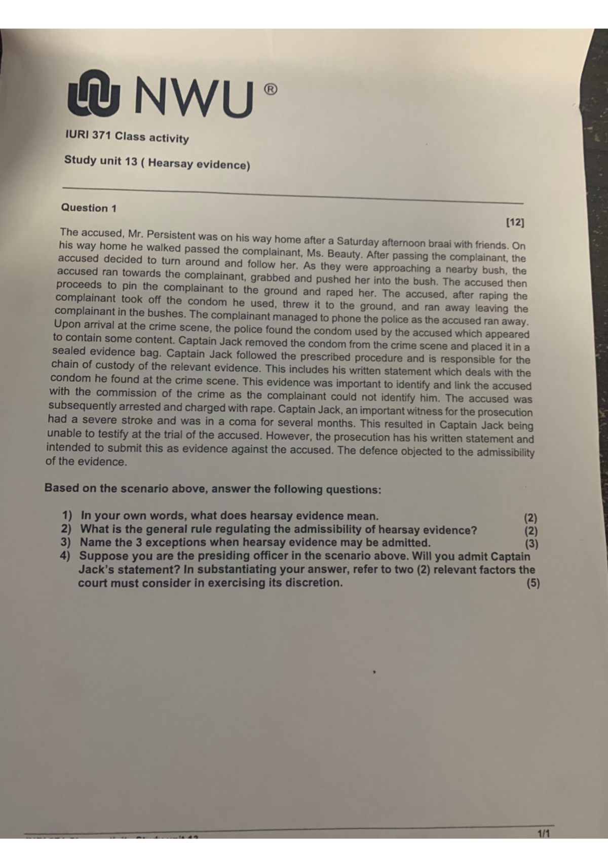 IURI 371 Study unit 13 Class activity - W NWU R IURI 371 Class activity ...