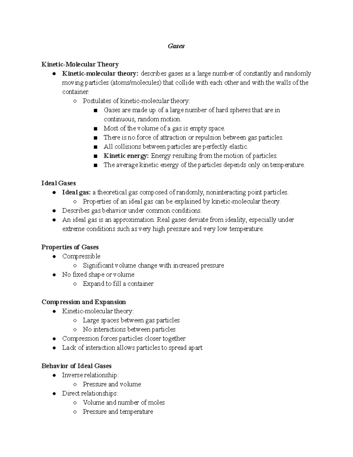 Chemistry - Notes - Gases Kinetic-Molecular Theory Kinetic-molecular ...