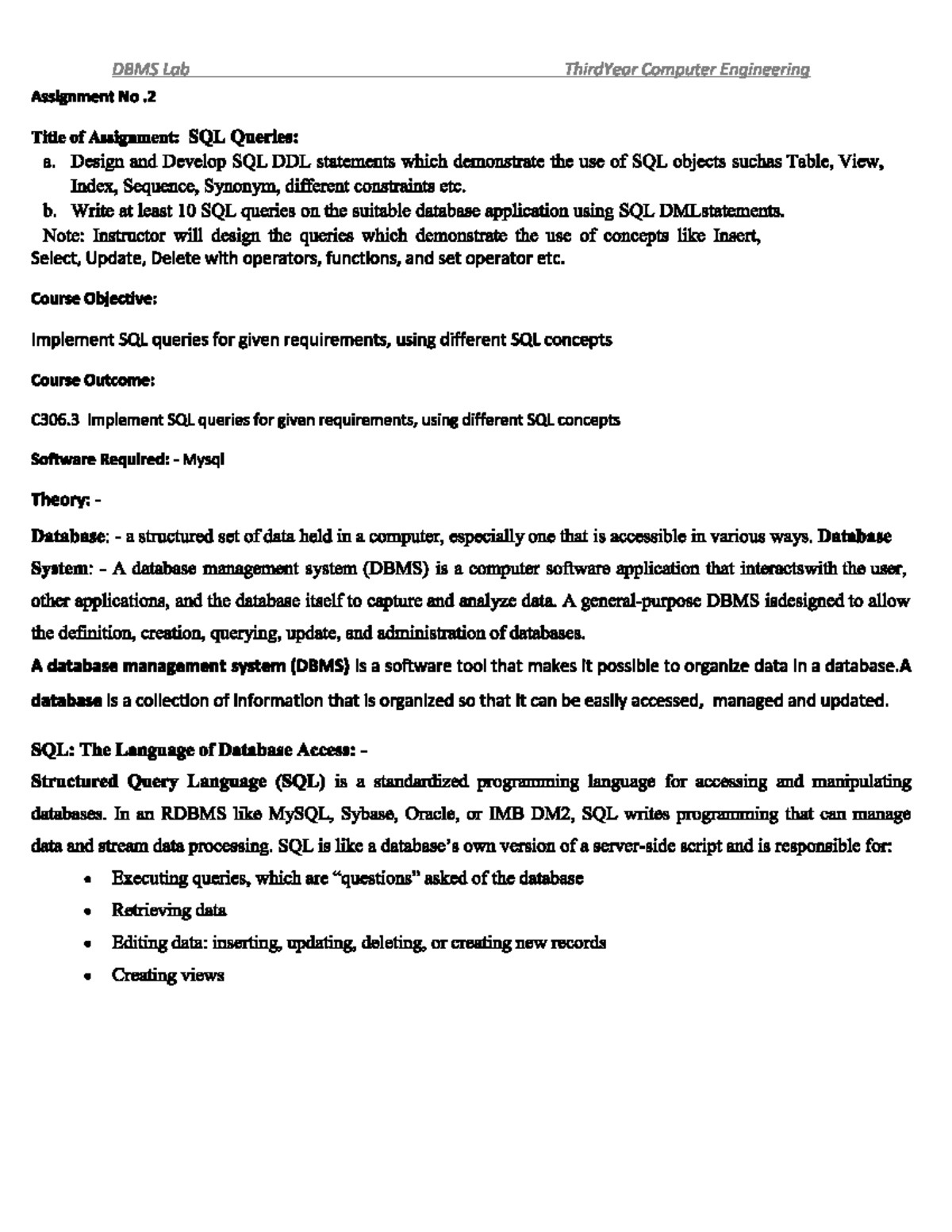 Assignment No - SPOS - DBMS Lab ThirdYear Computer Engineering Assignment No .2 Title of ...