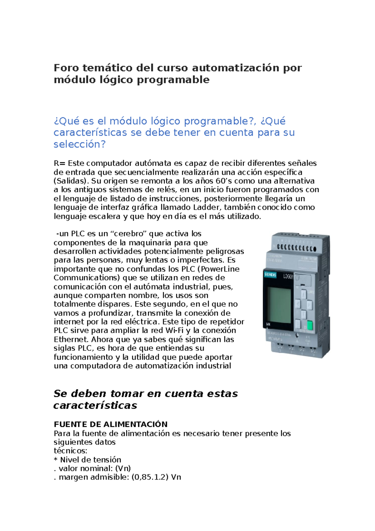 Foro temático del curso automatización por módulo lógico programable ...