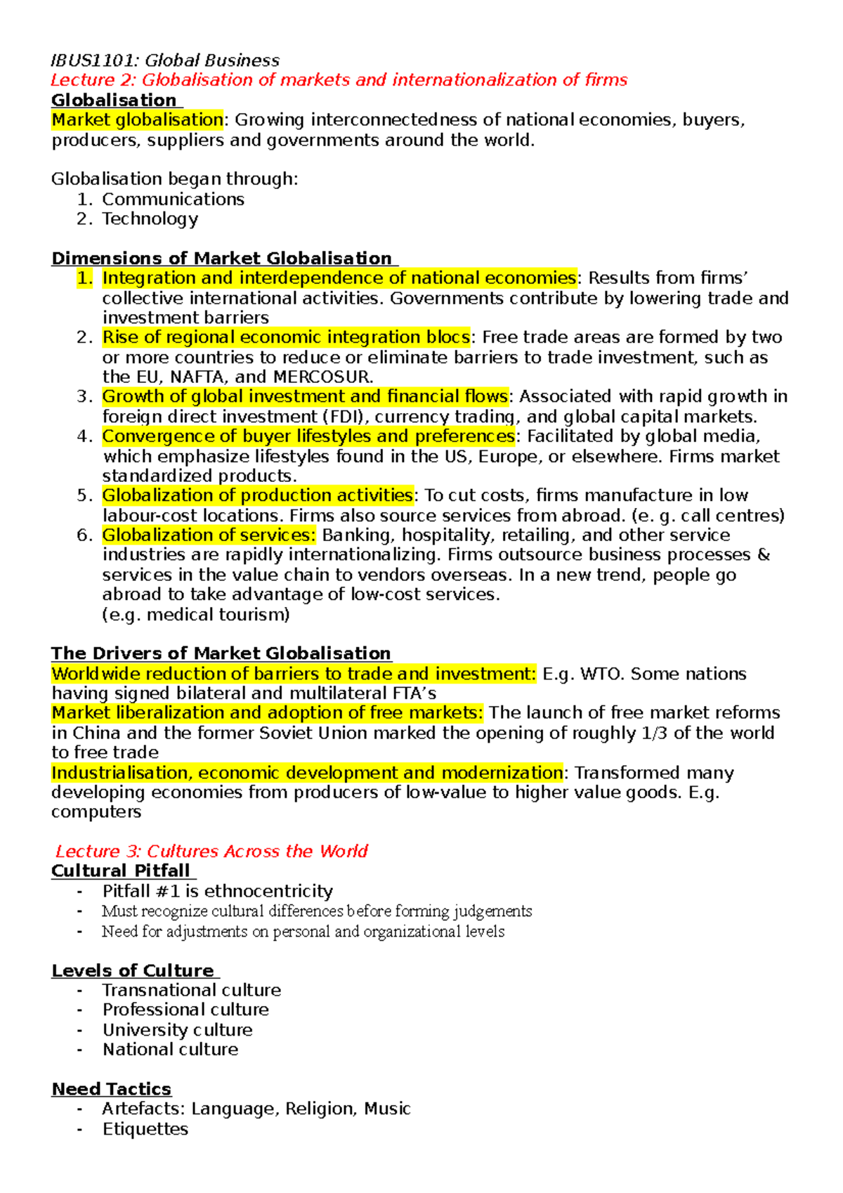 Global Business - BRIEF LECTURE NOTES - IBUS1101: Global Business ...