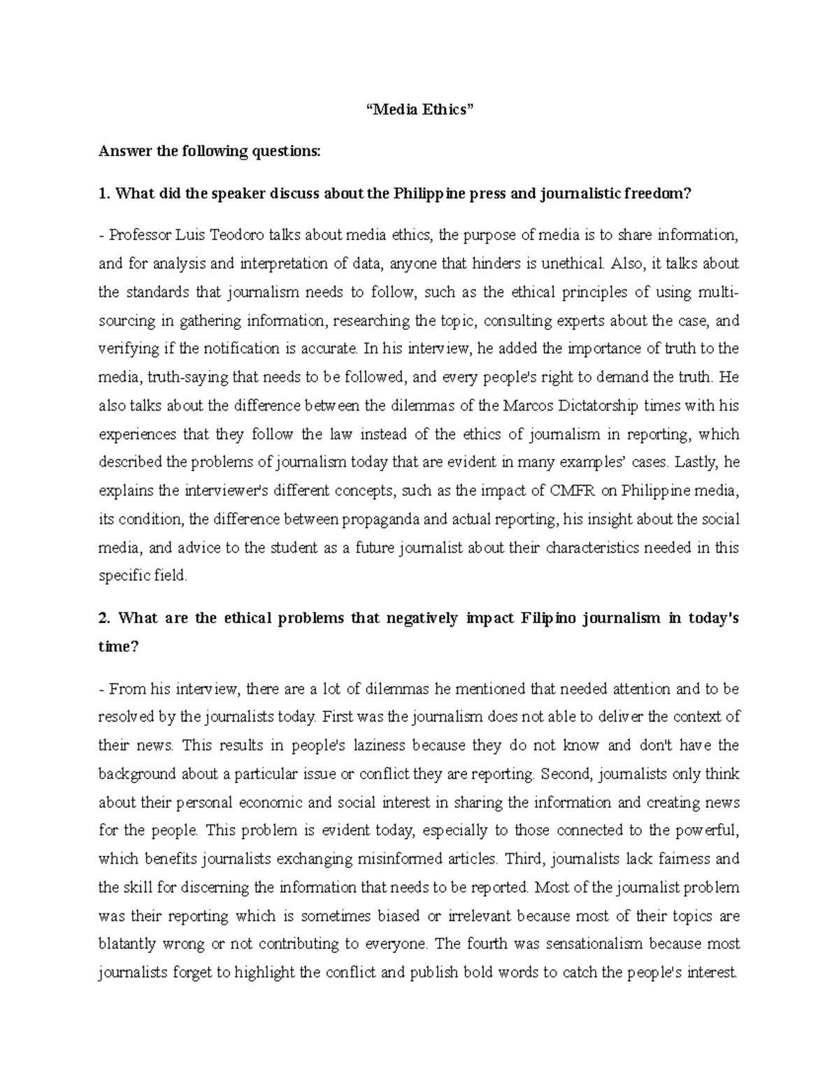 Formative Assessment in Media Ethics Ricafrente Sec36sub3 - “Media ...