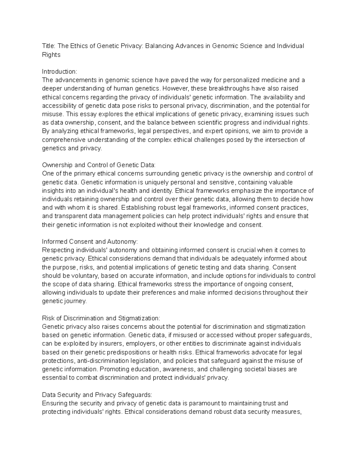 Title The Ethics of Genetic Privacy Balancing Advances in Genomic ...