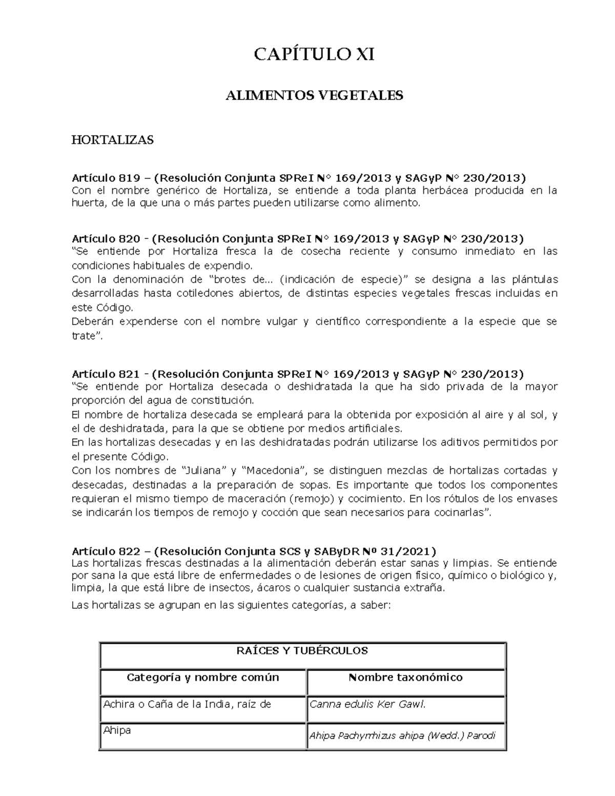 C.A.A - Codigo Alimentario Argentino -Vegetales - CAPÍTULO XI ALIMENTOS ...
