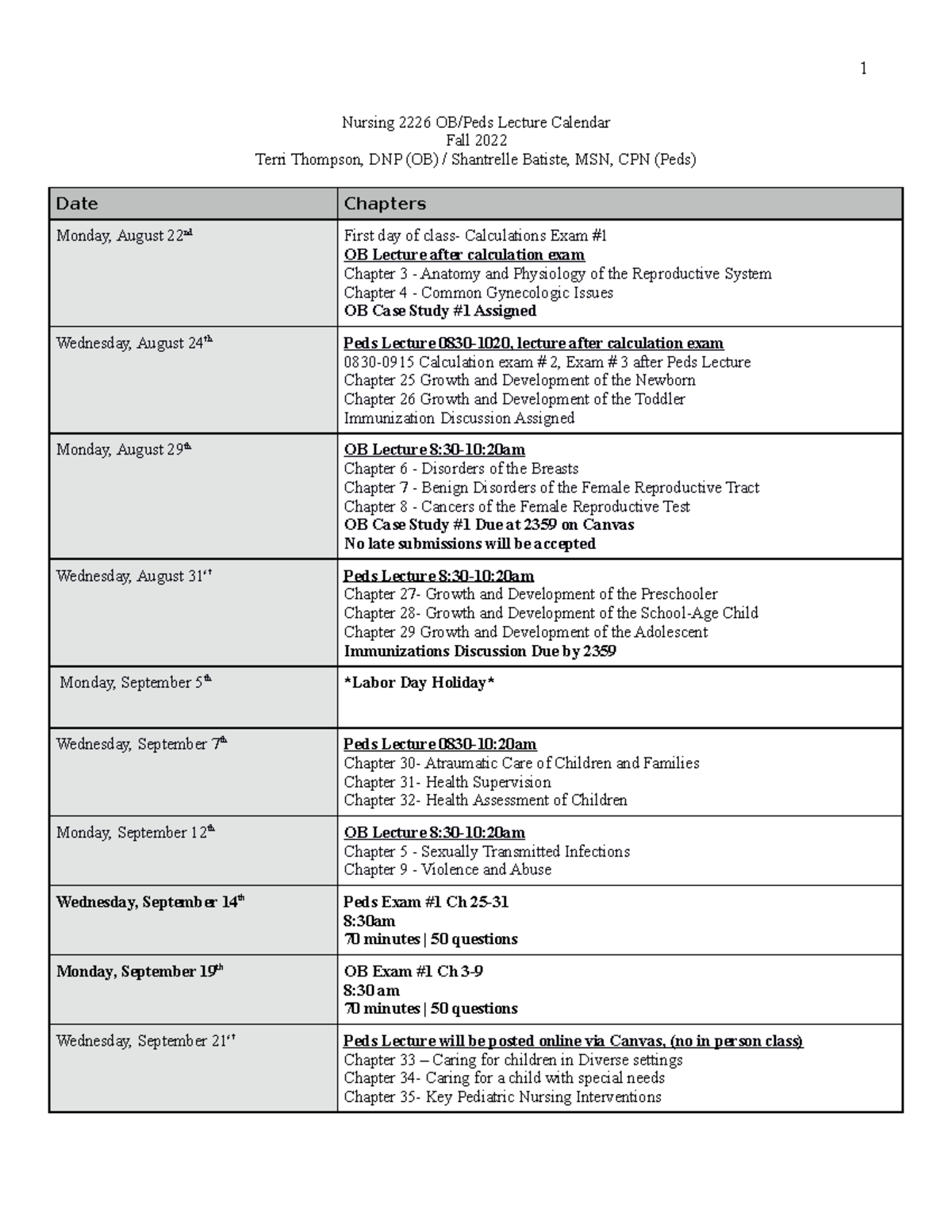 Nursing 2226 LECTURE CALENDAR - Nursing 2226 OB/Peds Lecture Calendar ...