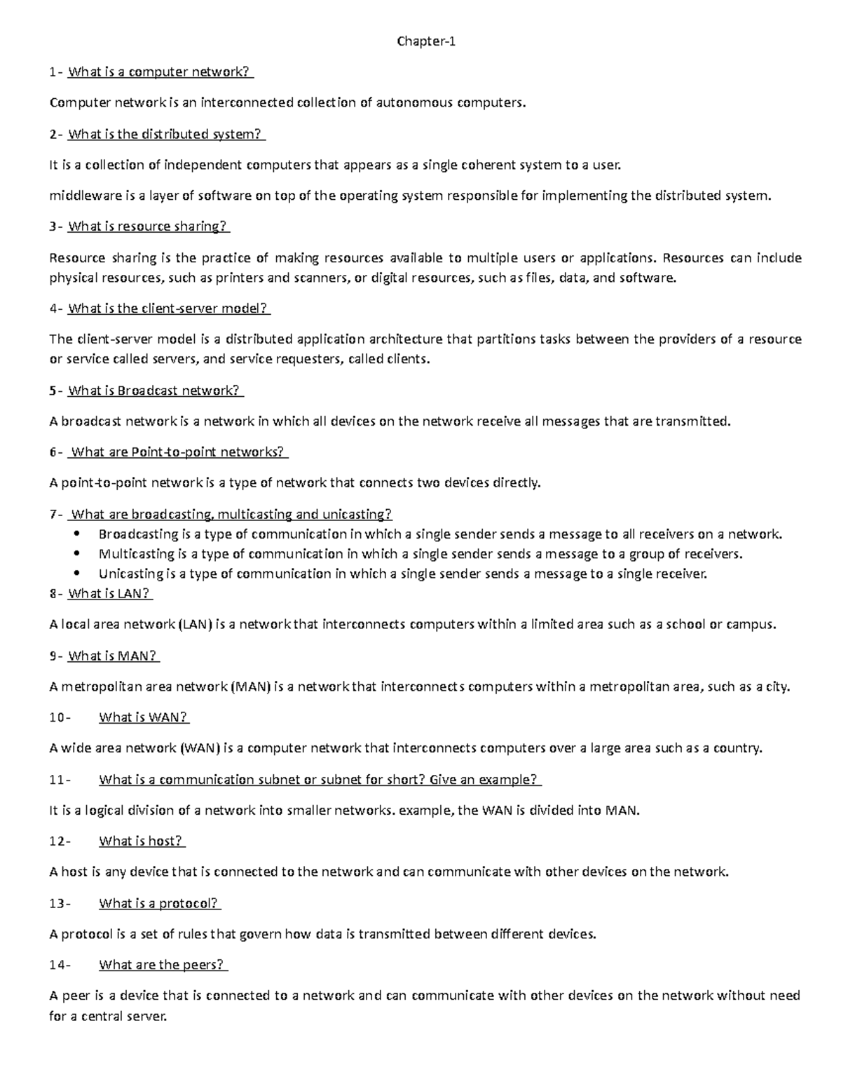 Ch1 me - question - Chapter- 1- What is a computer network? Computer network is an ...