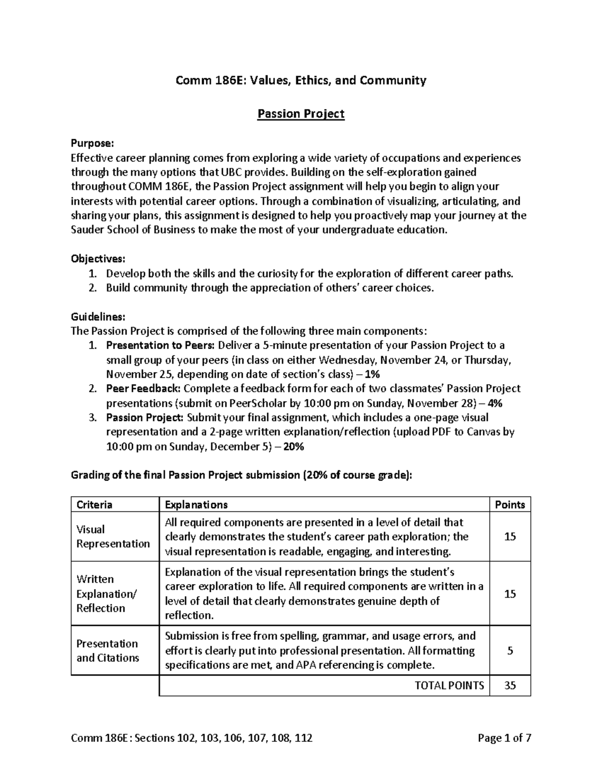C186E Passion Project Assignment Outline - Comm 186e - UBC - Studocu