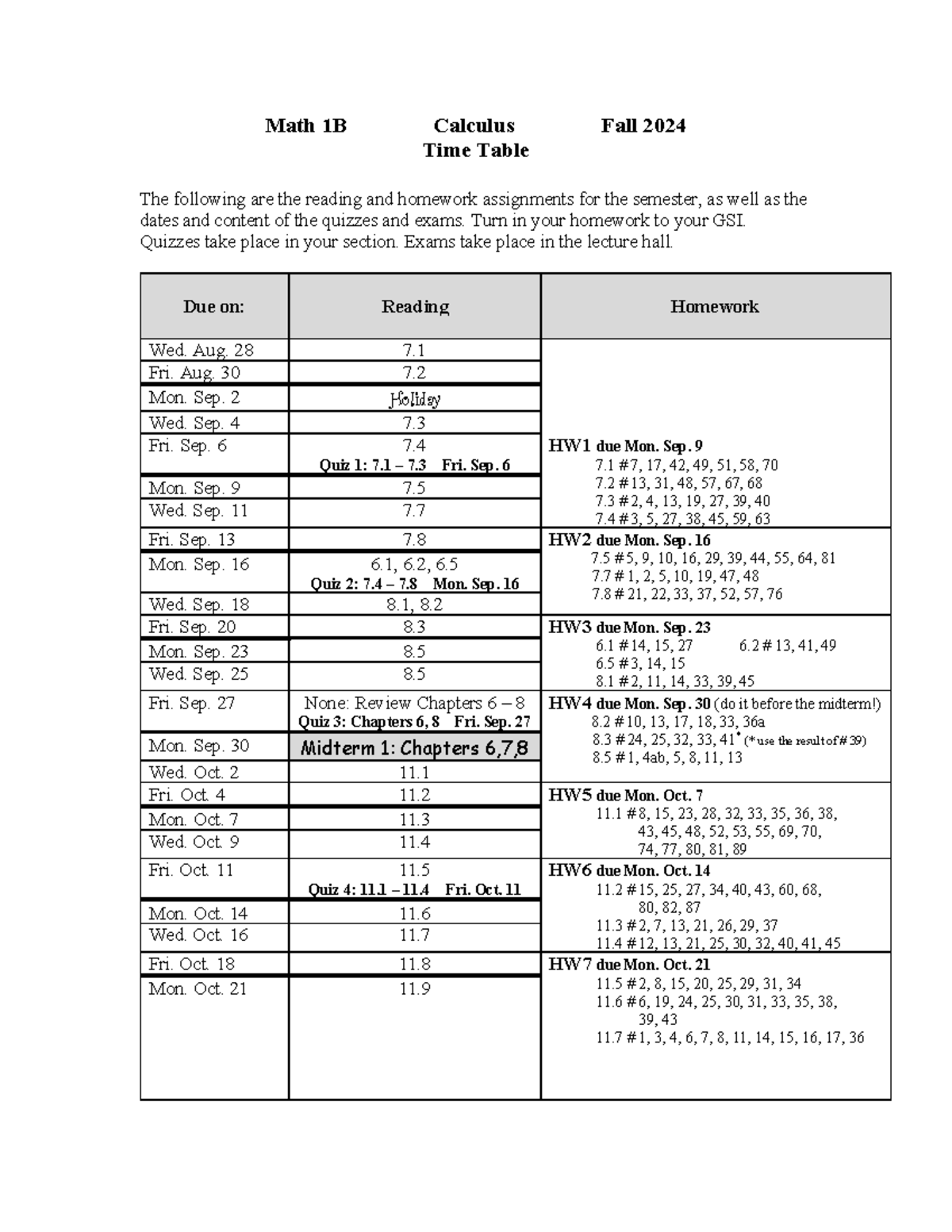 Time Table Math 1BF24 - Time Table The following are the reading and ...