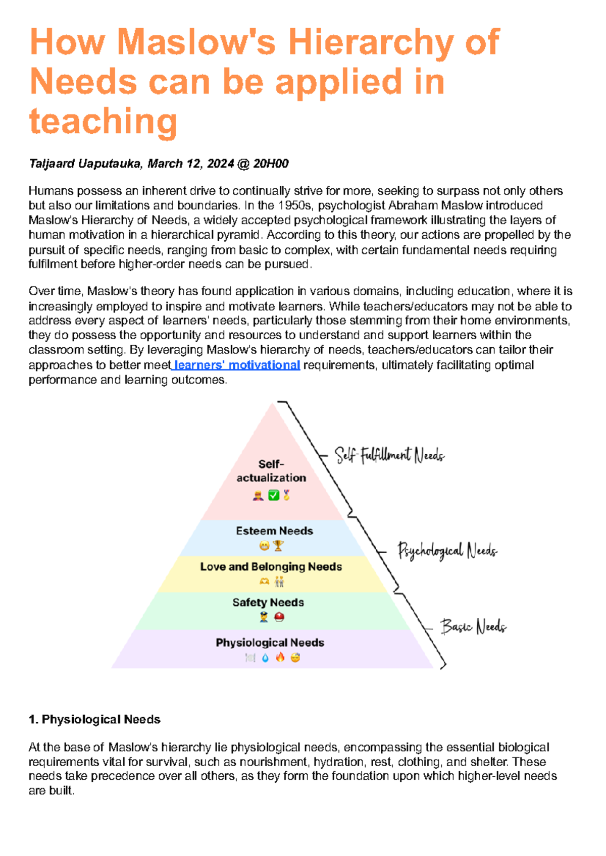 How Maslow's Hierarchy of Needs can be applied in teaching.docx - How ...