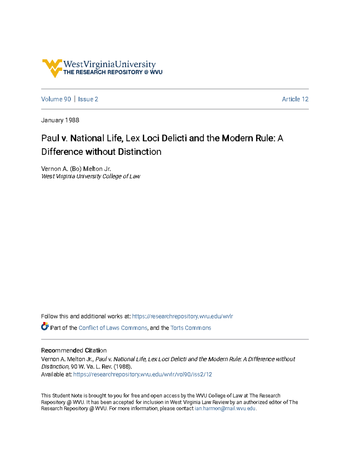 Paul v. National Life Lex Loci Delicti and the Modern Rule A Di ...