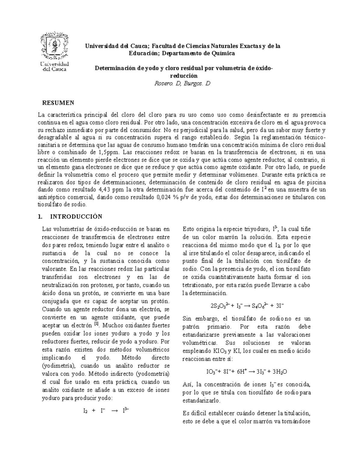 Determinación de yodo y cloro residual por volumetría de óxido ...