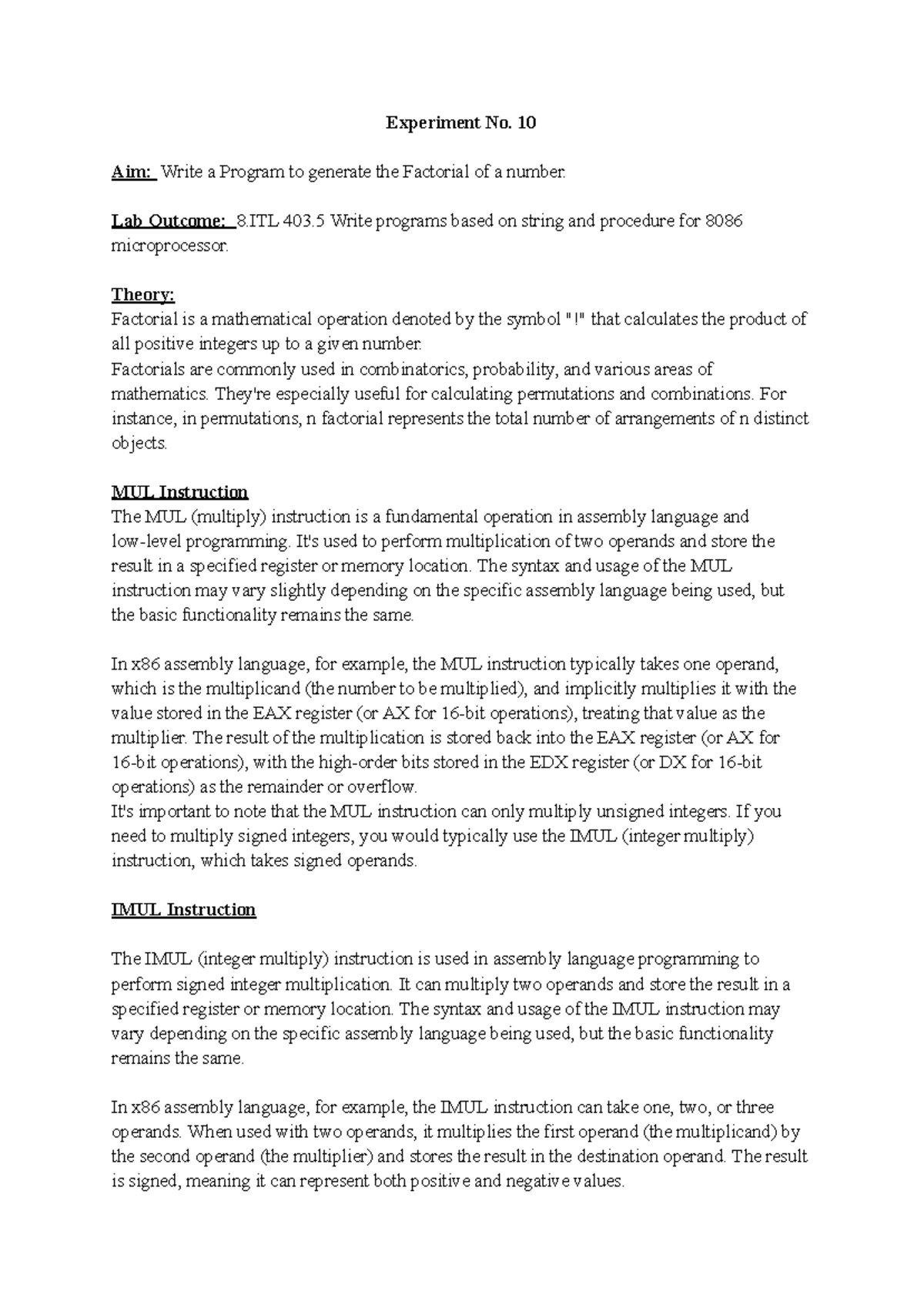 MPL 10th experiment - Experiment No. 10 Aim: Write a Program to generate the Factorial of a ...