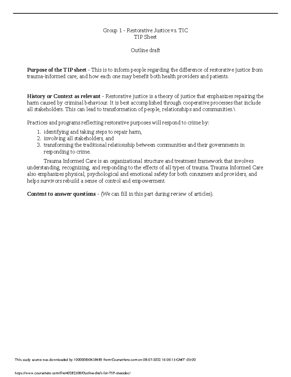 Outline draft for TIP sheet - Group 1 - Restorative Justice vs. TIC TIP ...