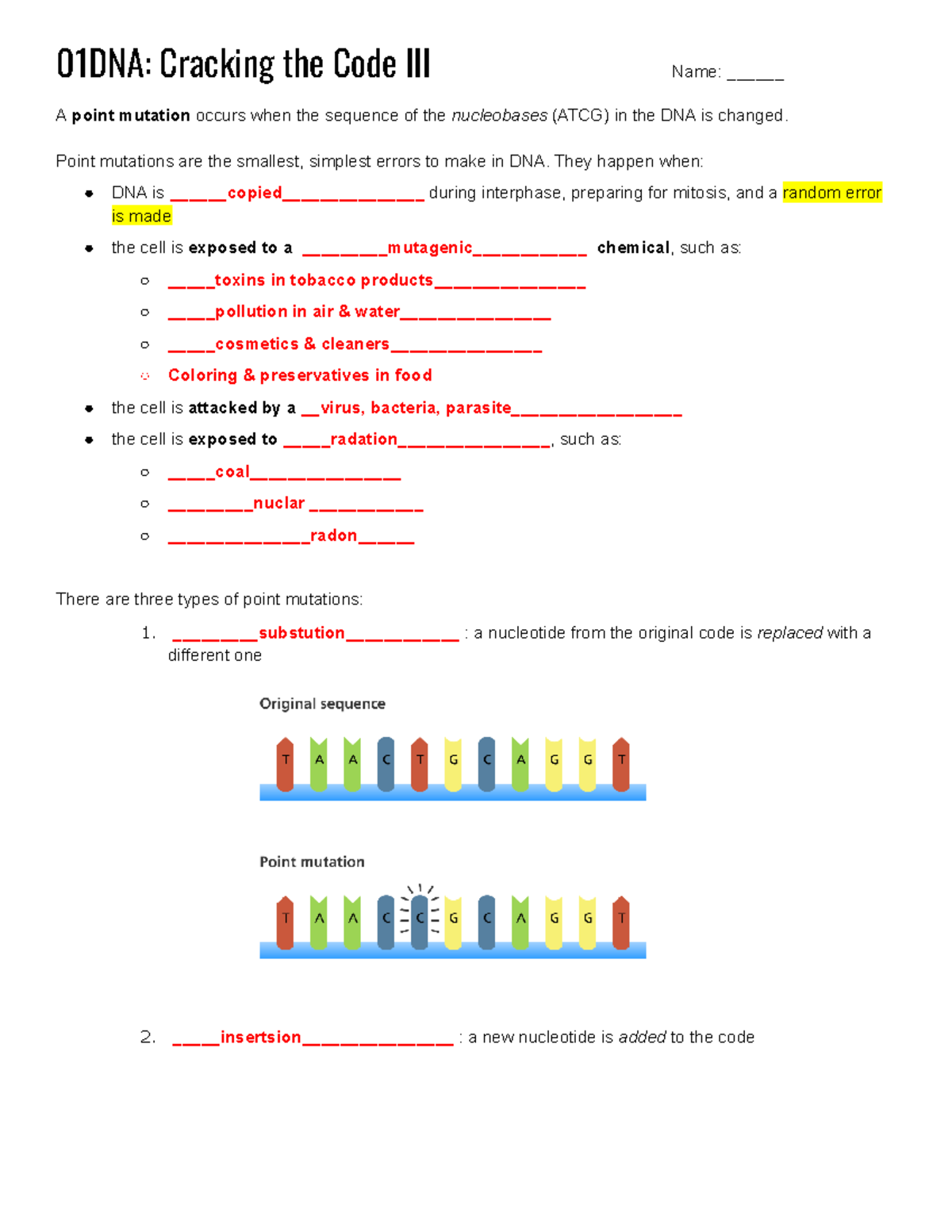 Copy of Copy of DNA Cracking the Code III (mutations) - 01DNA: Cracking ...