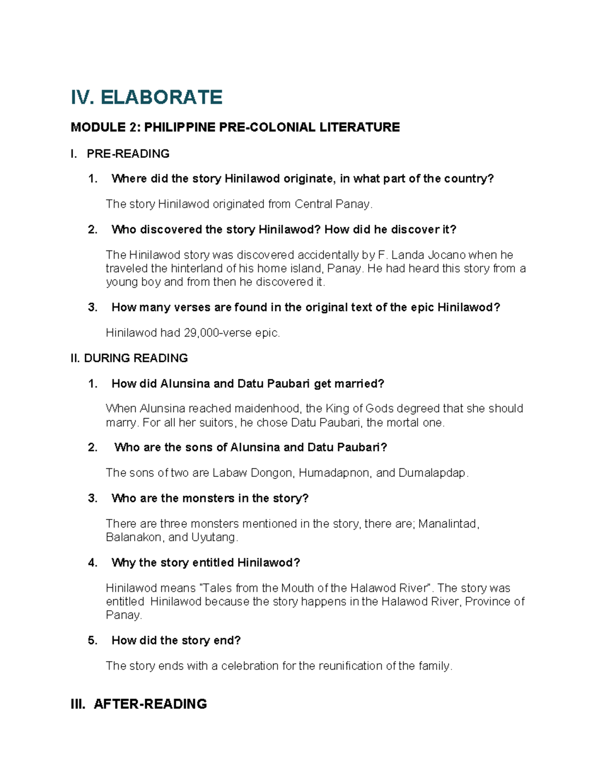 Iv-elaborate compress - IV. ELABORATE MODULE 2: PHILIPPINE PRE-COLONIAL LITERATURE I. PRE ...